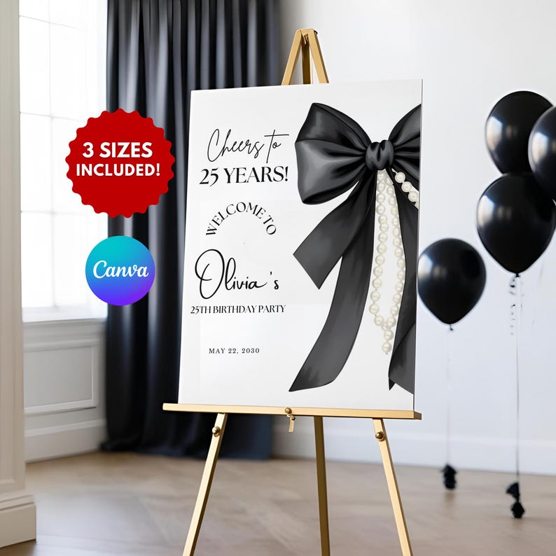 Editable Black Bow Birthday Welcome Sign, Coquette Ribbon Poster ...