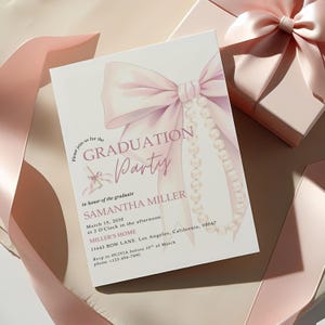 Editable Pink Bow Graduation Invitation Template Canva Coquette ...