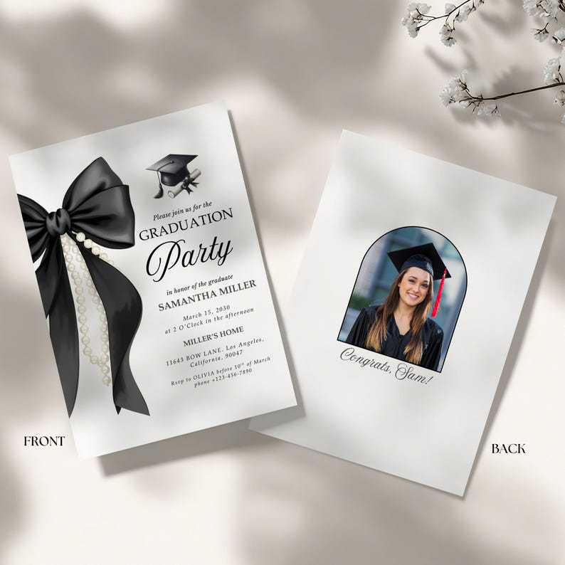 Editable Black Bow Graduation Invitation Template | Modern Class of ...