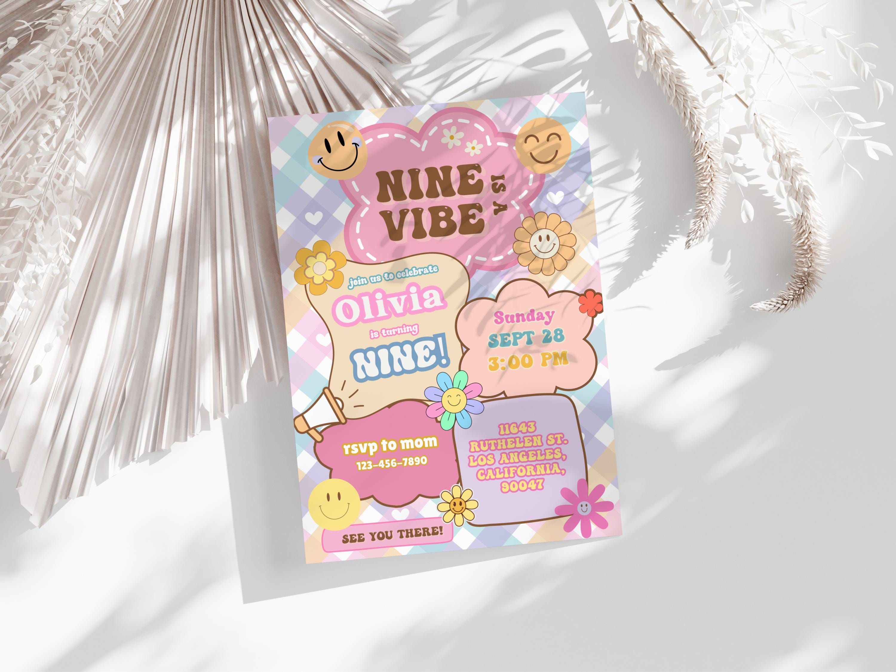 Retro Groovy 9th Birthday Invitation: Checkered Smile Face (editable ...