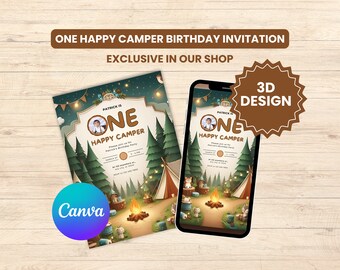 ONE Happy Camper!! Camping Theme First Birthday Party Invitation Template!! - Etsy