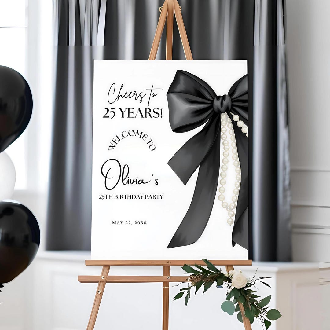 Coquette Birthday Welcome Sign: Black Bow, Editable Canva Template ...