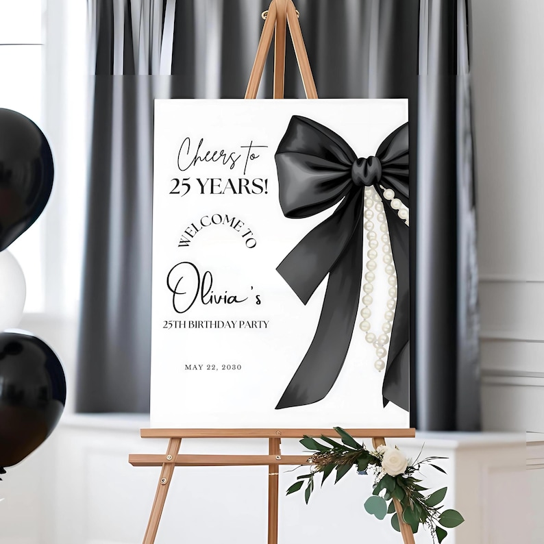 Editable Black Bow Birthday Welcome Sign, Coquette Ribbon Poster ...