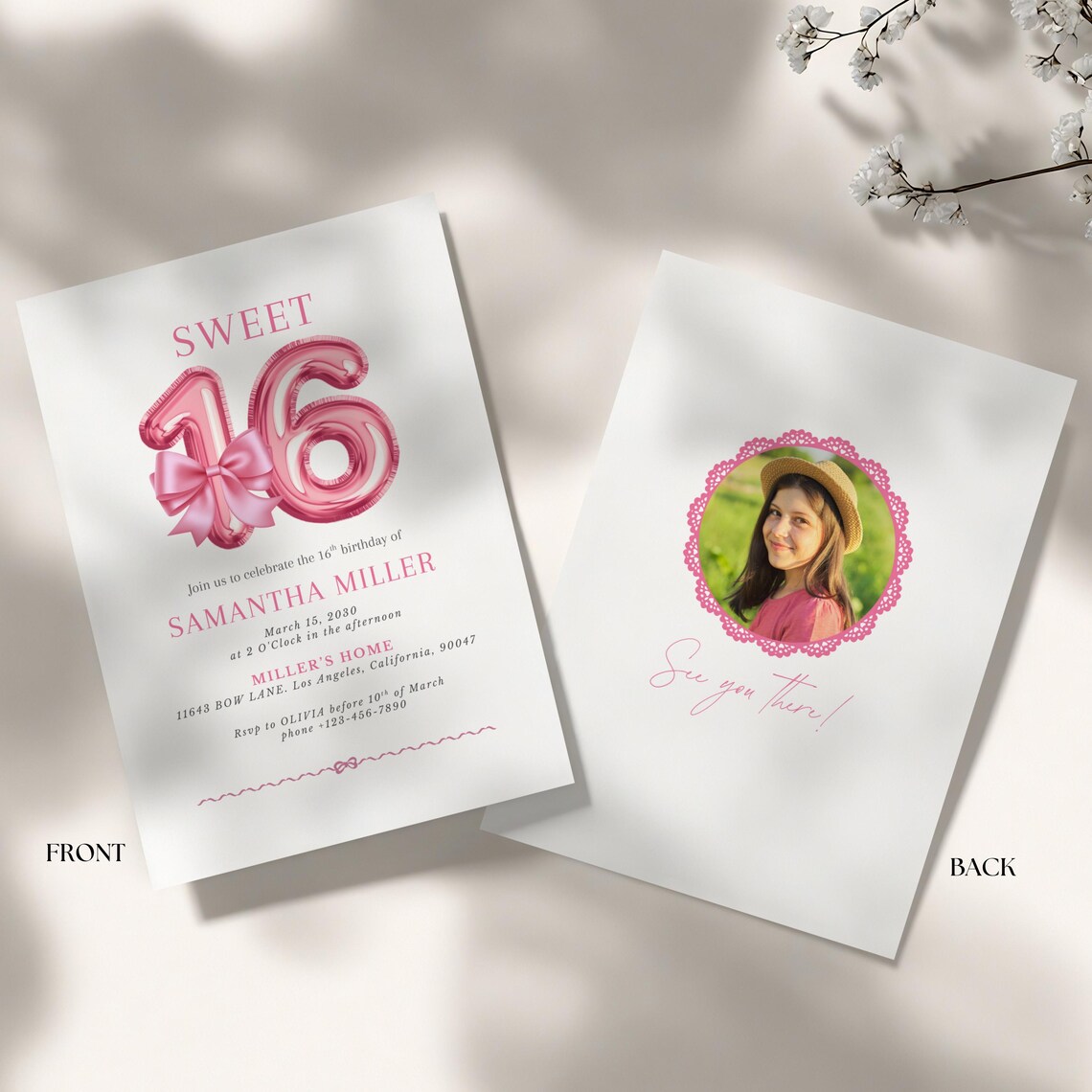 Sweet 16 Birthday Invitation Pink Bow Coquette Ribbon Design Editable ...