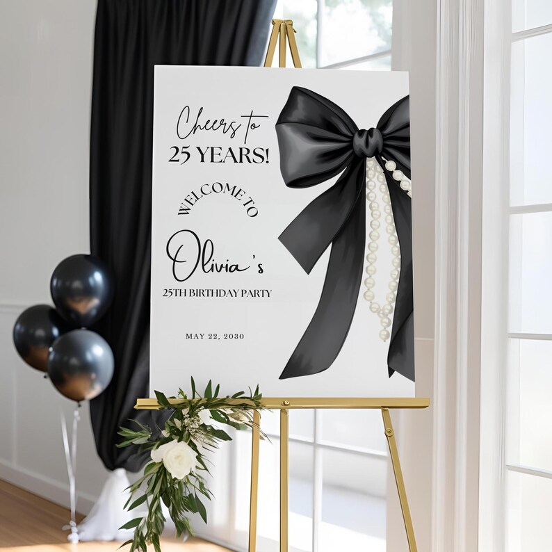 Coquette Birthday Welcome Sign: Black Bow, Editable Canva Template ...
