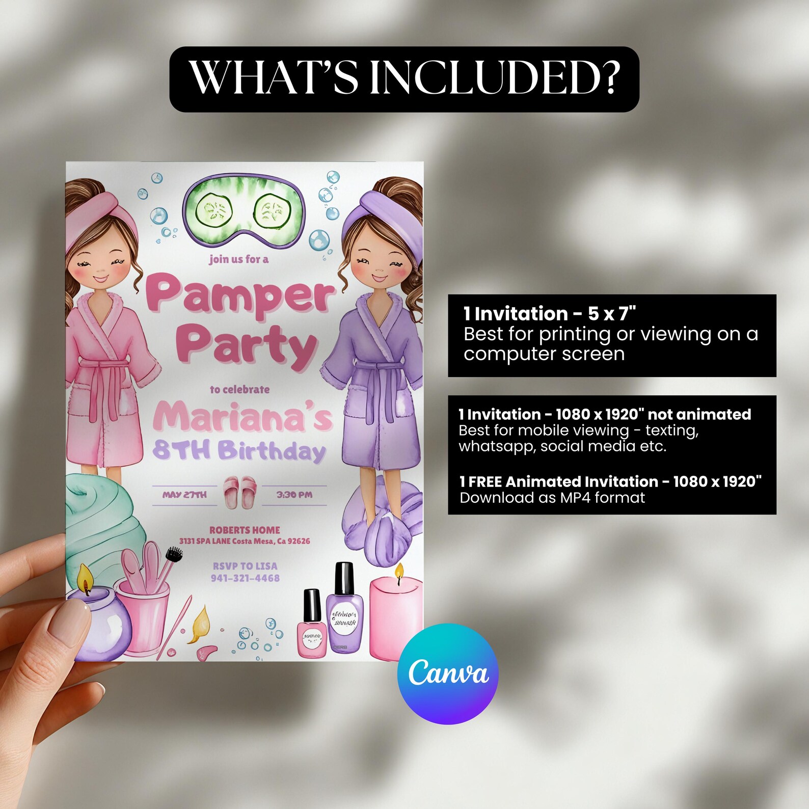Editable Pamper Party Invitation, Spa Birthday Invitation for Girls ...