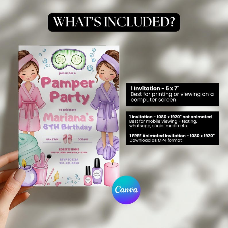 Editable Pamper Party Invitation, Spa Birthday Invitation for Girls ...