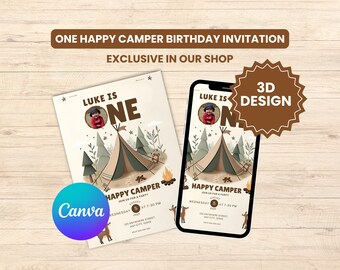 ONE Happy Camper!! Camping Theme First Birthday Party Invitation Template!! - Etsy