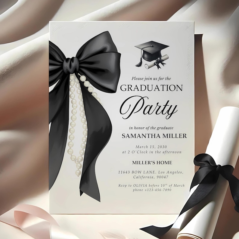 Editable Black Bow Graduation Invitation Template | Modern Class of ...