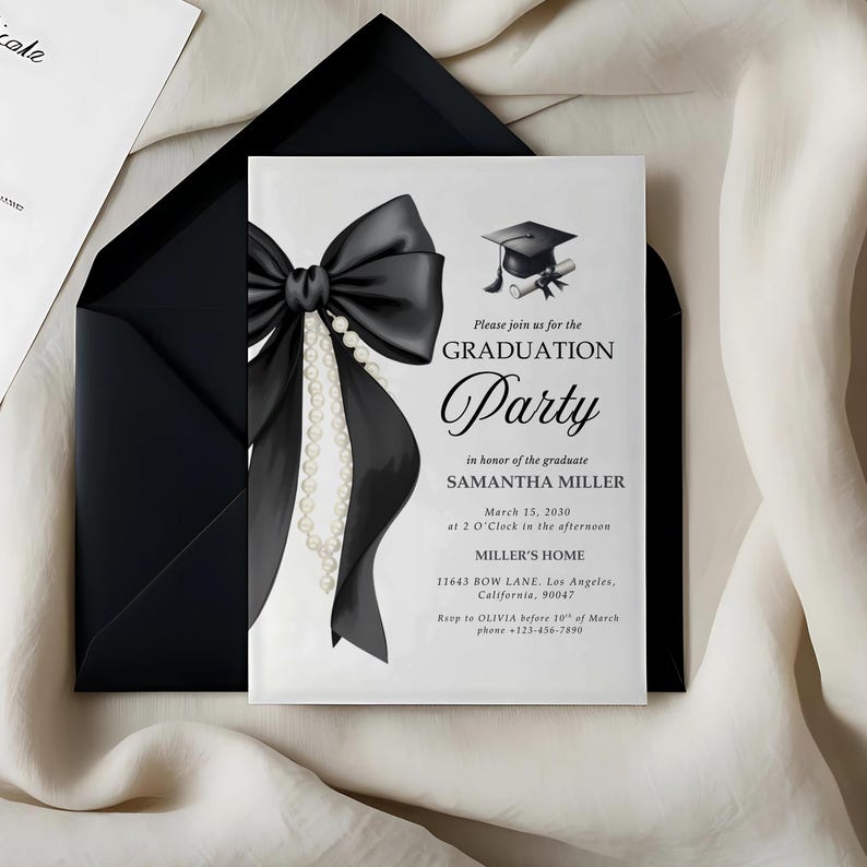 Editable Black Bow Graduation Invitation Template | Modern Class of ...