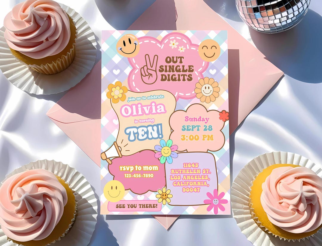 Retro Groovy 10th Birthday Invitation: Checkered Smiley Face (printable ...