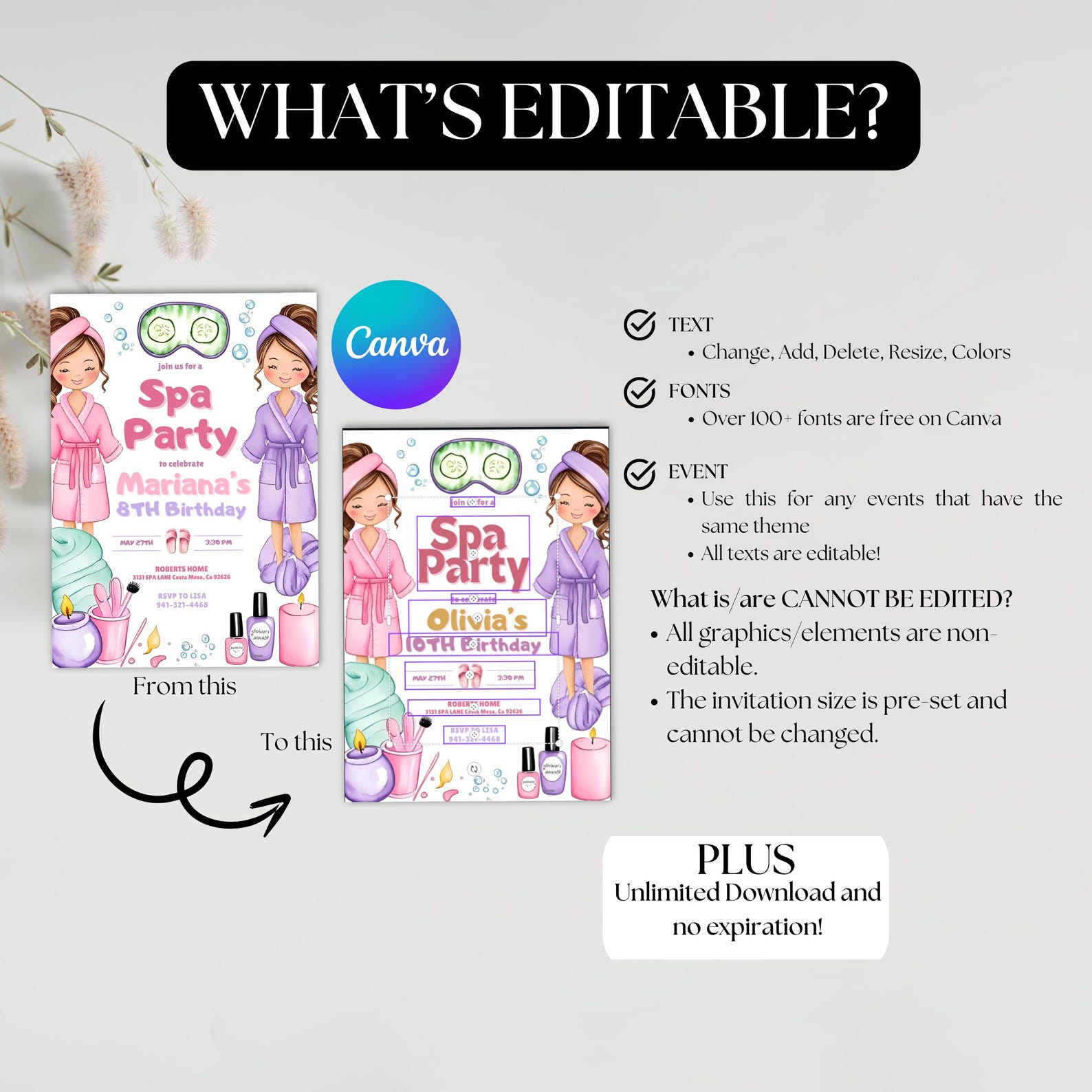 Girls Spa Birthday, Spa Party Birthday Invitation, Pamper Party Invite ...