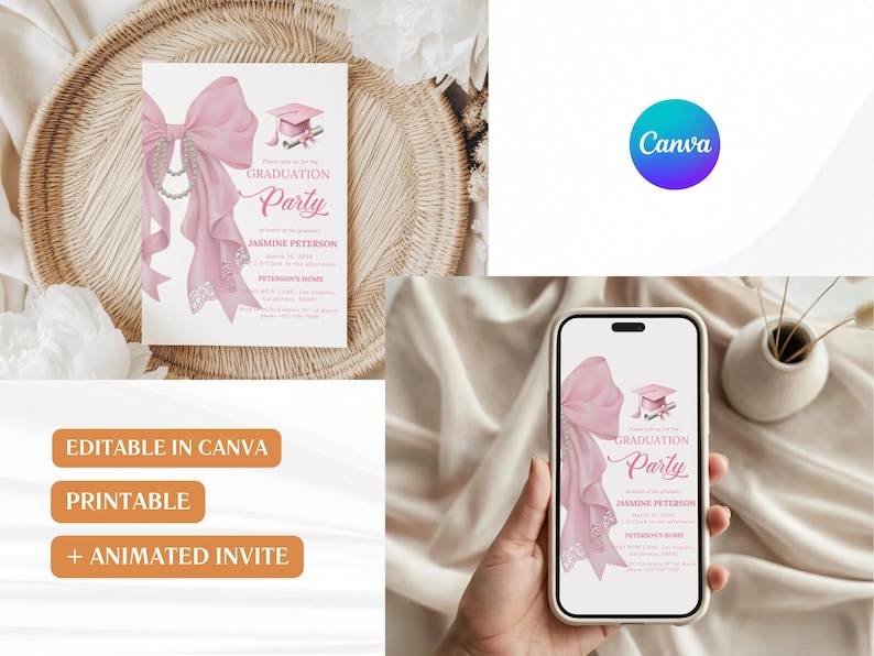 Pink Bow Graduation Party Invitation Template Class of 2026 Graduation ...