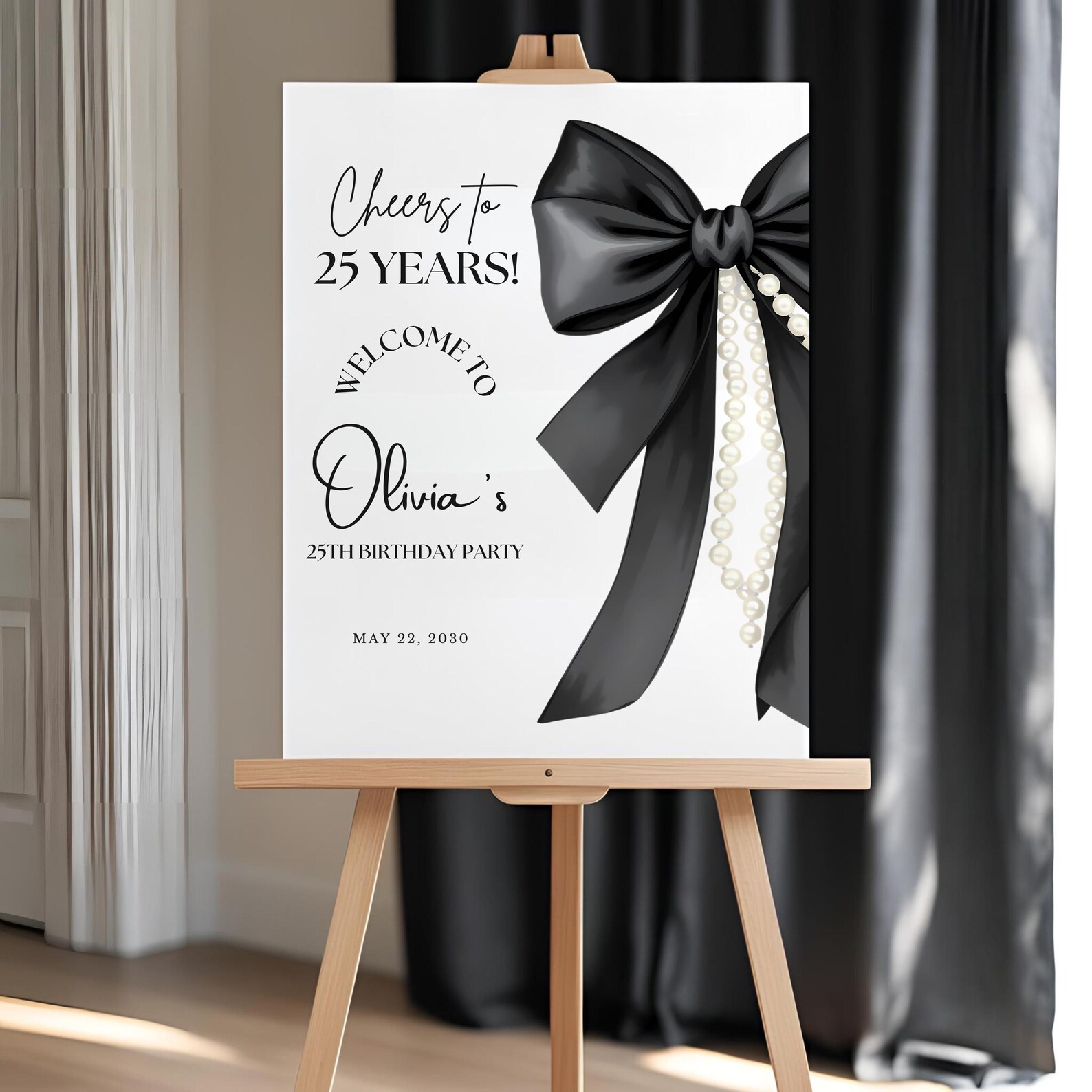 Coquette Birthday Welcome Sign: Black Bow, Editable Canva Template ...