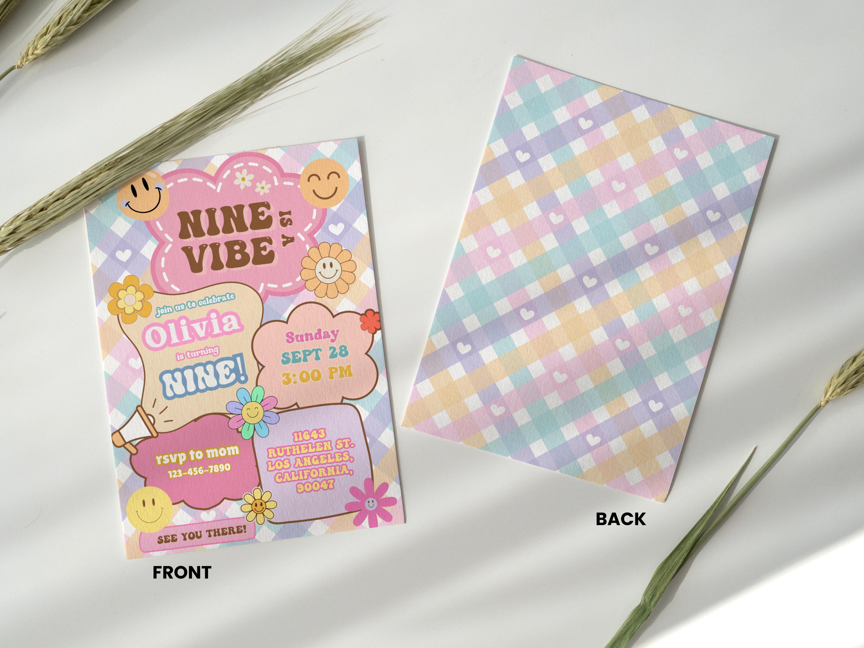 Retro Groovy 9th Birthday Invitation: Checkered Smile Face (editable ...