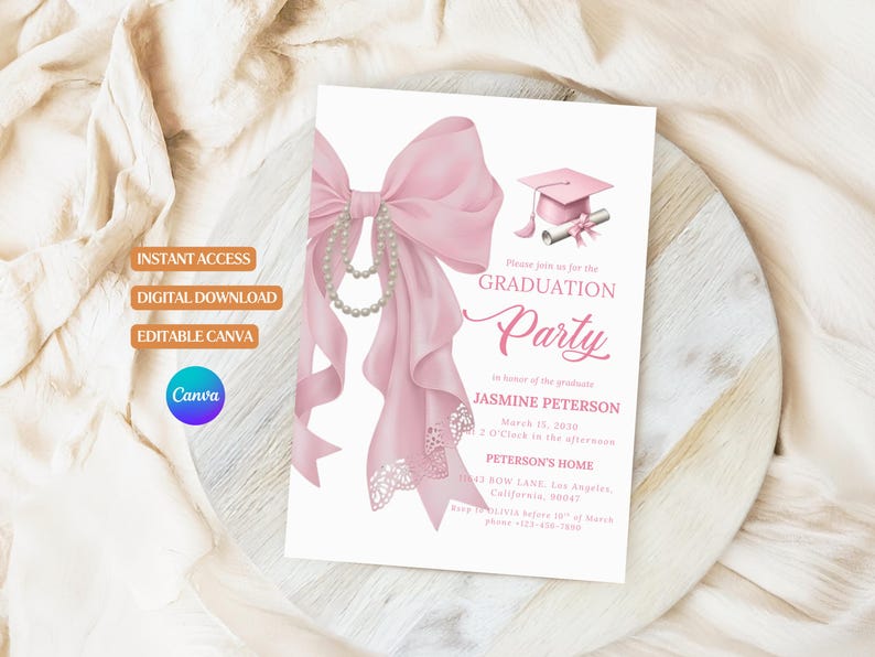 Pink Bow Graduation Party Invitation Template Class of 2026 Graduation ...