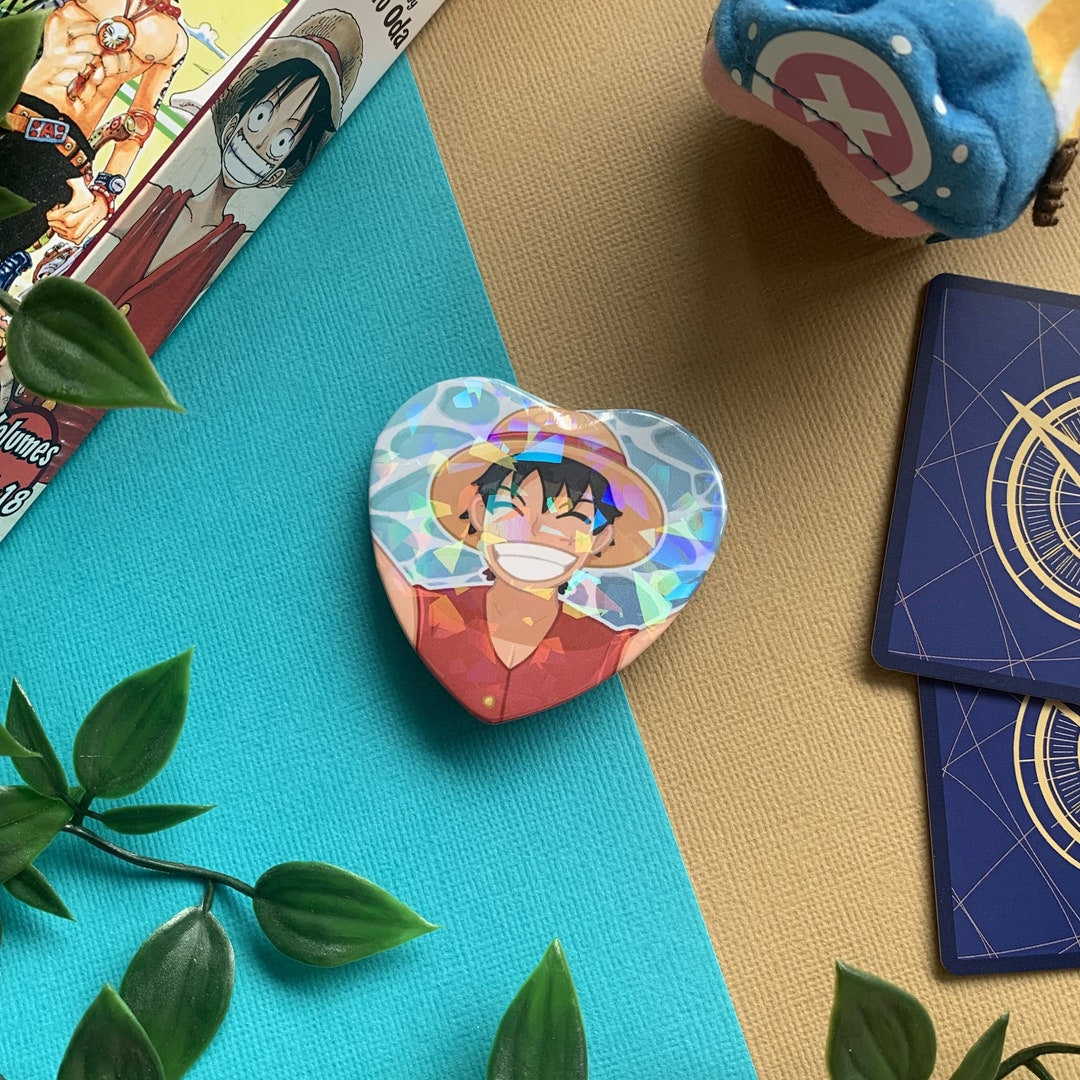One Piece Anime Inspired Luffy Straw Hat Pirate Heart Shaped Pin Badge ...