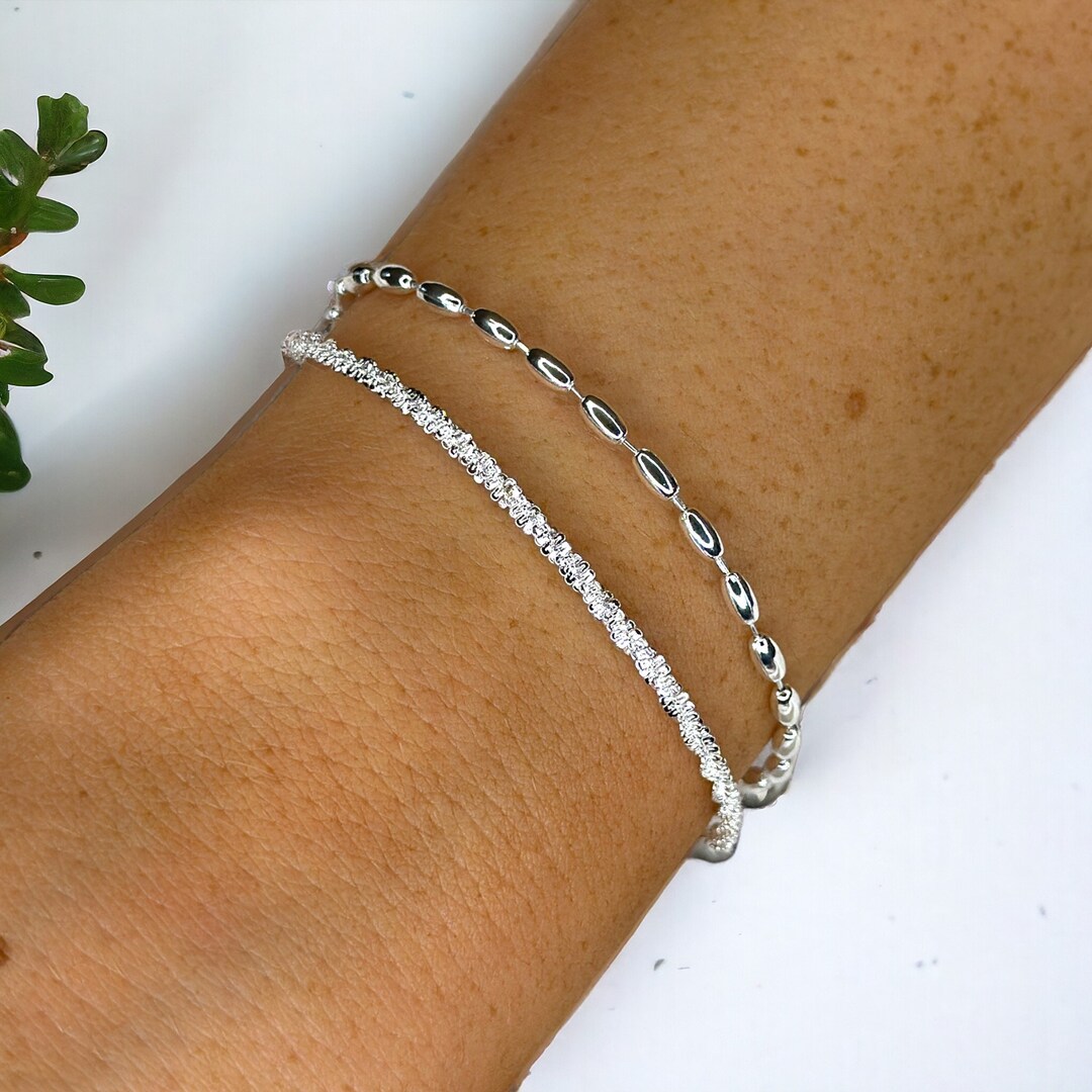 Sterling Silver Double Chain Bracelet Silver Bead Chain Bracelet Silver Rice Chain Bracelet ...