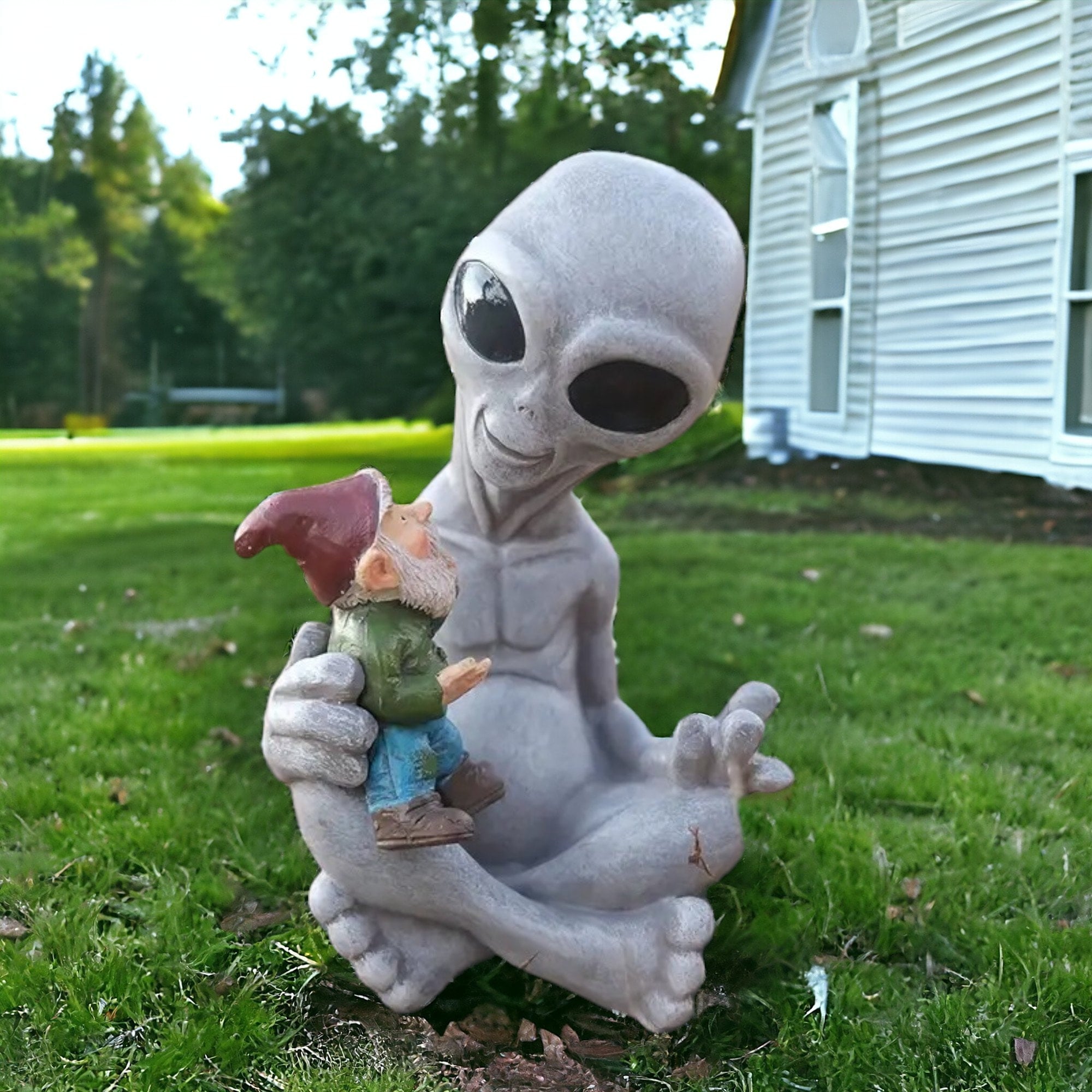 Alien Holding Dwarf Garden Statue Unique Outdoor Yard Decor Quirky Lawn ...