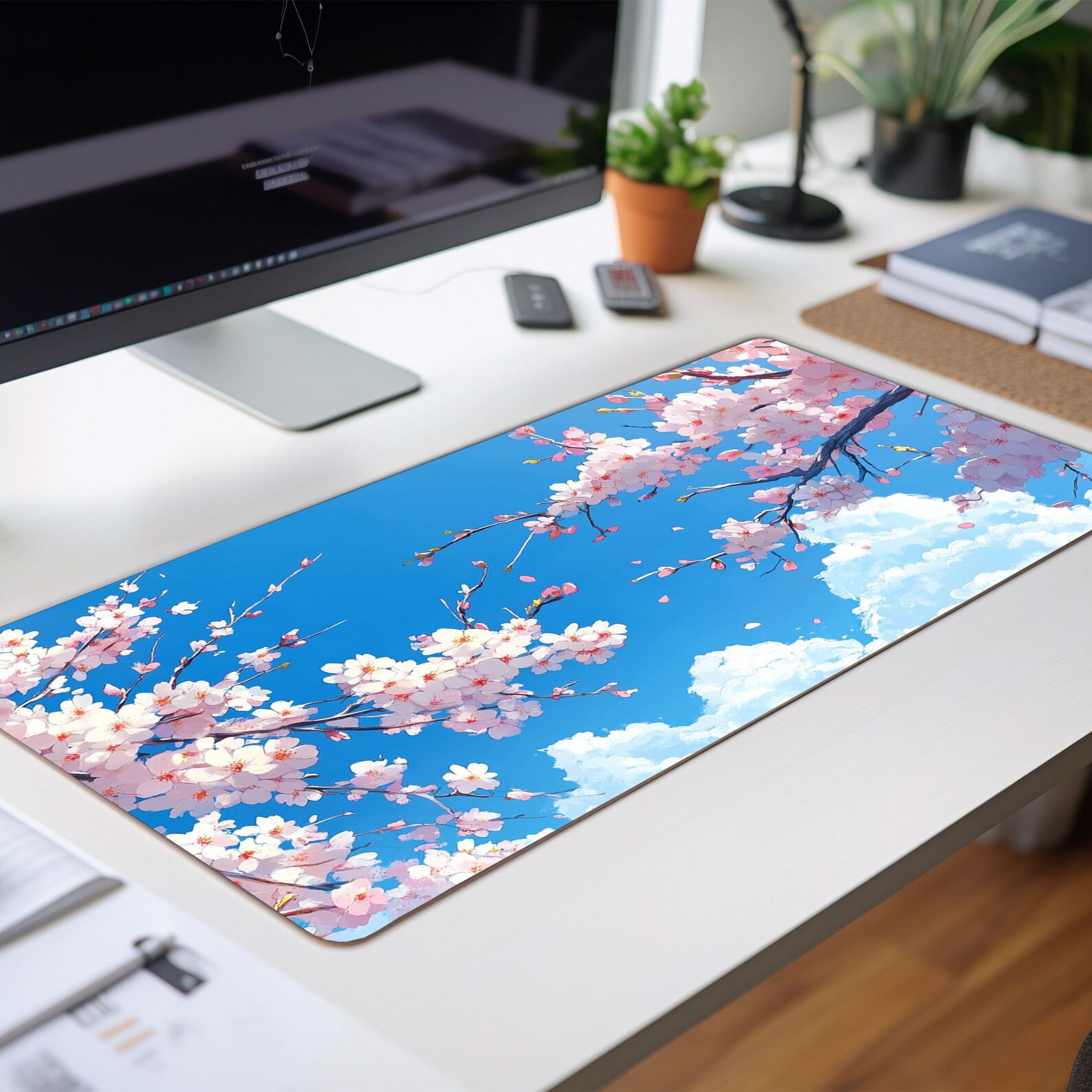 Cute Pink Desk Mat With Anime Cherry Blossoms Large Mouse Pad, Cottage ...