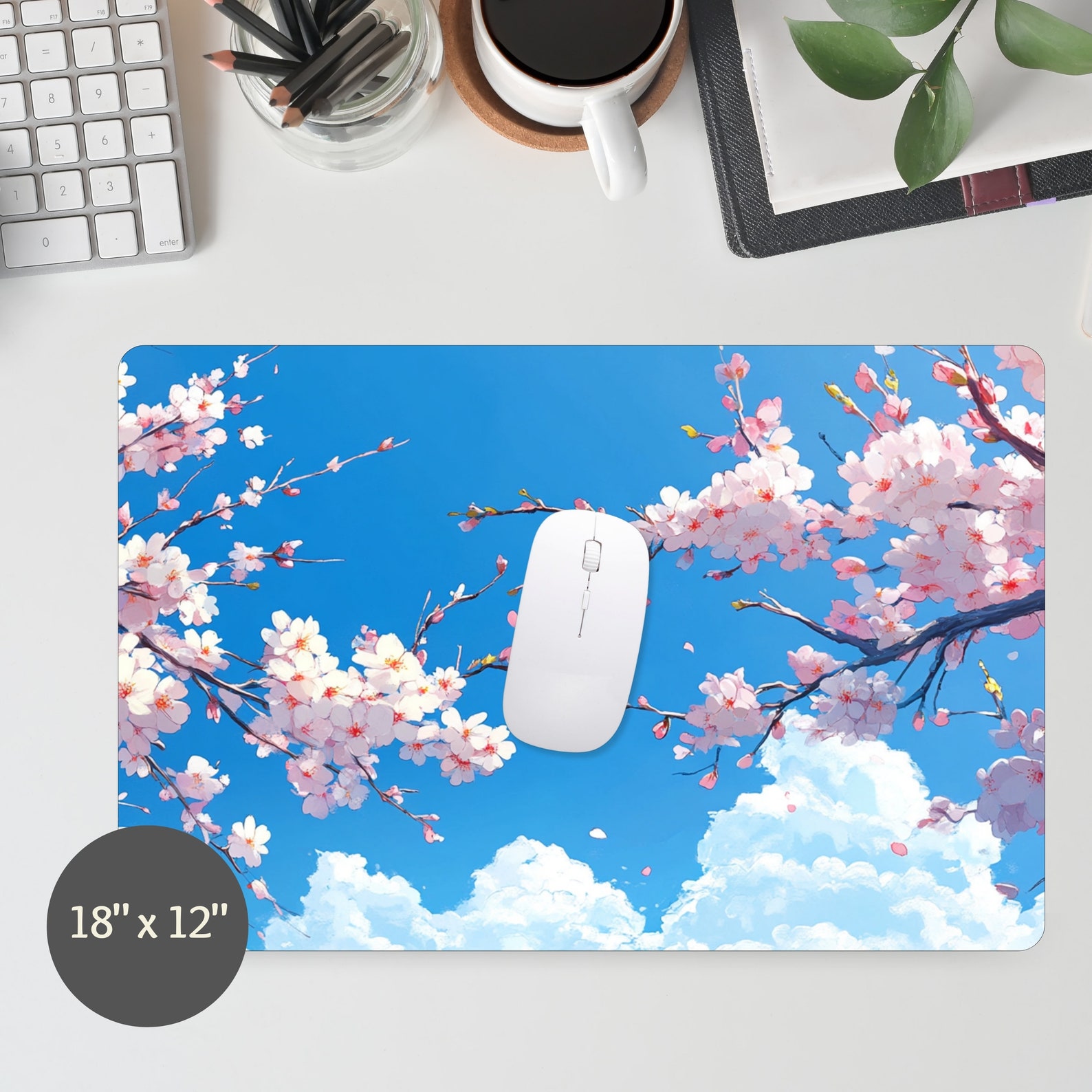 Cute Pink Desk Mat With Anime Cherry Blossoms Large Mouse Pad, Cottage ...