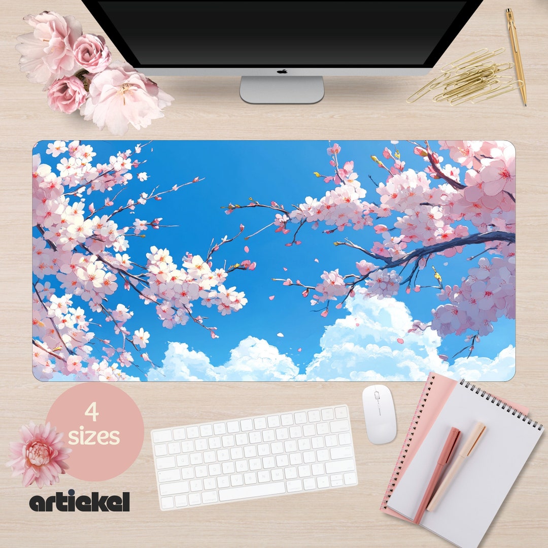 Cute Pink Desk Mat With Anime Cherry Blossoms Large Mouse Pad, Cottage ...