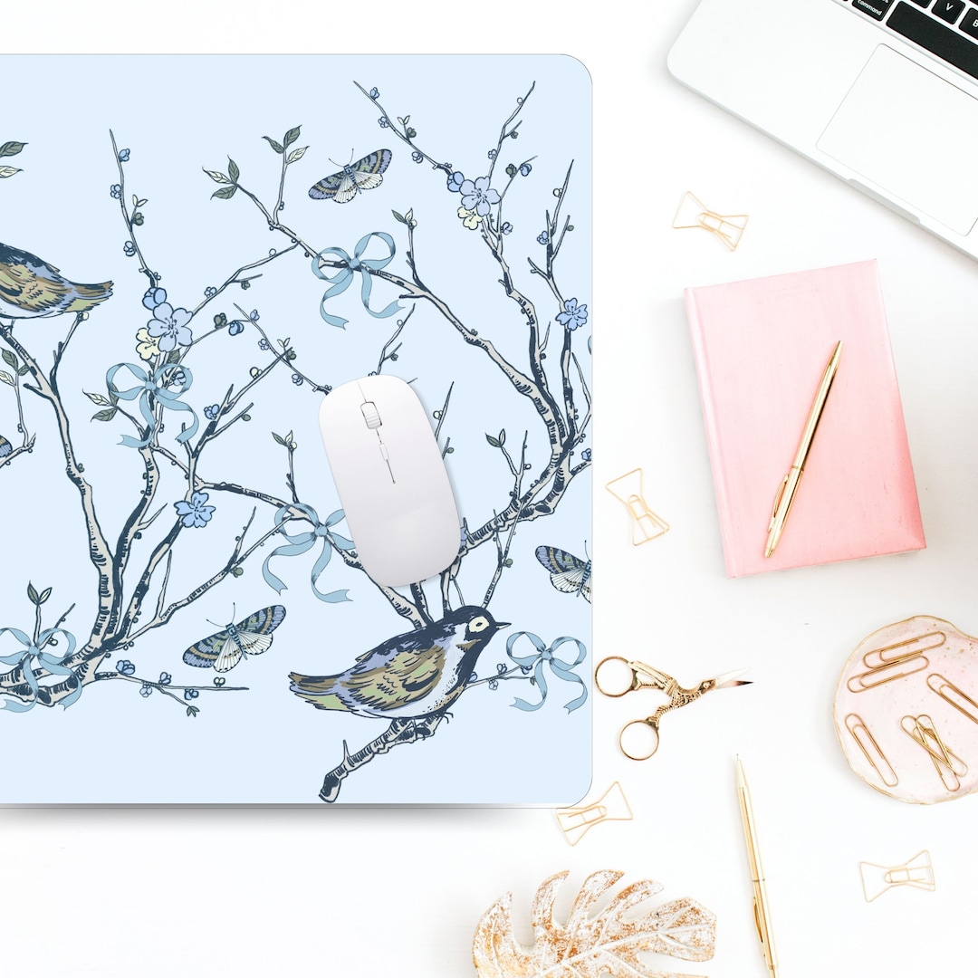 Cute Deskmat With Duck-egg Blue Chinoiserie Design of Birds and Bows ...