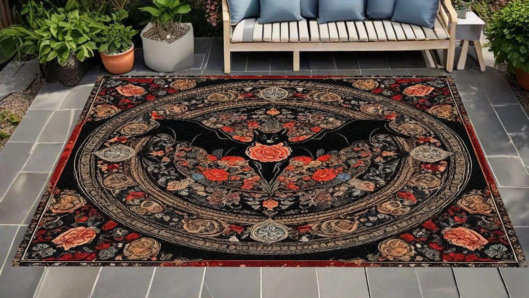Gothic Rug for Bat Home Decor, Black and Wine Red Maximalist Rug for ...