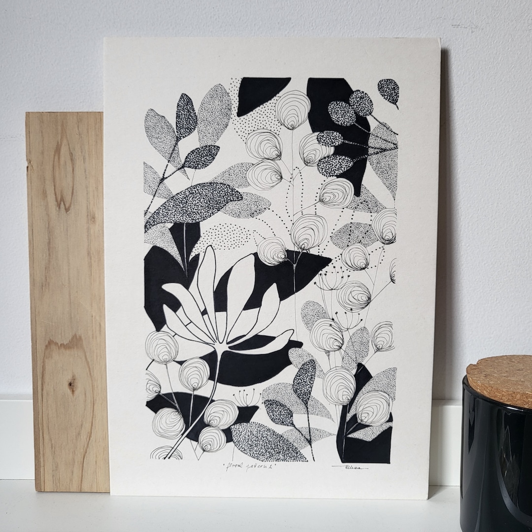 Floral Ink Drawing, Handmade Leaves Illustration, Original Art - A4 - Etsy