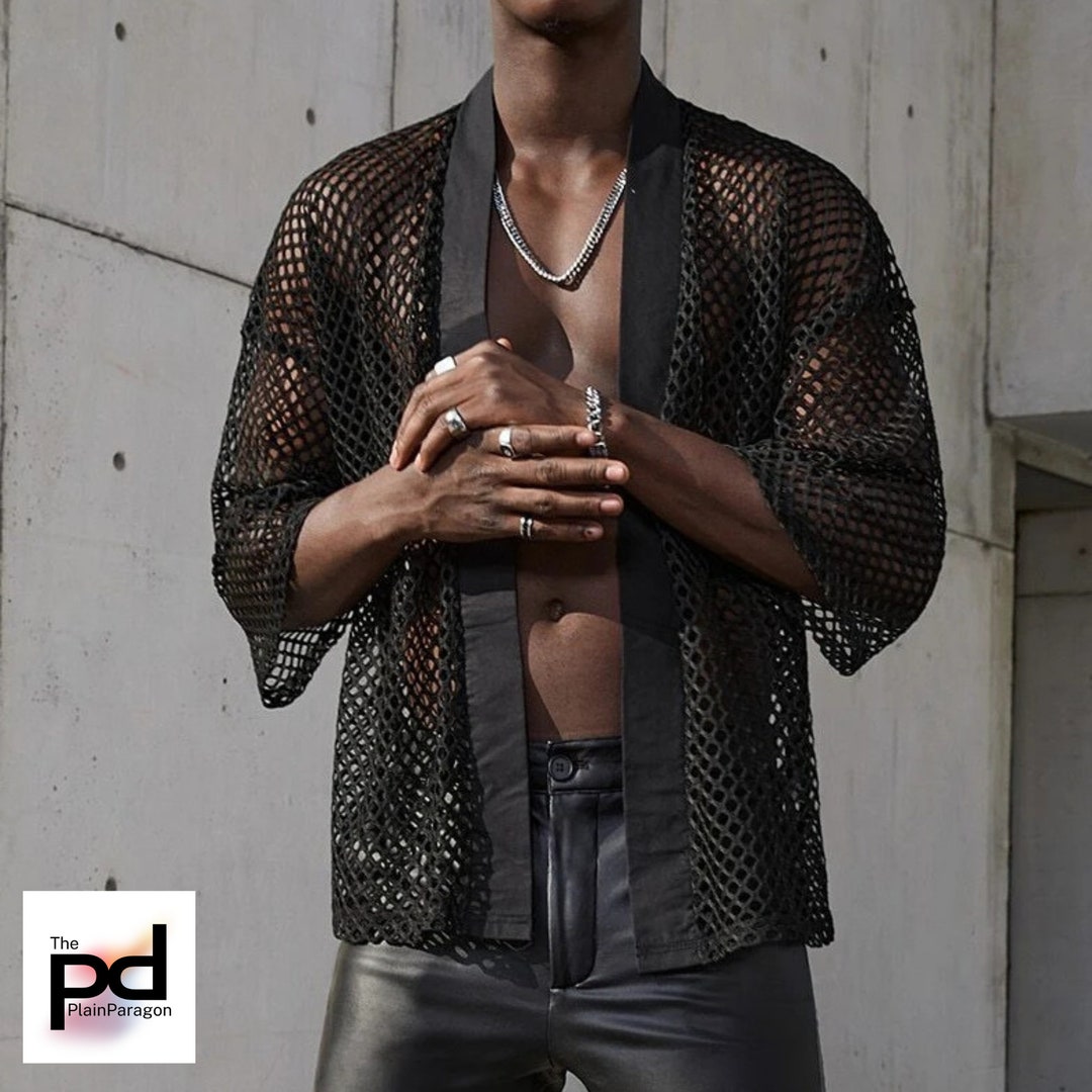 Sheer Night Club Attire Party Life Outfit for Men Mesh Hollow Out Shirt ...