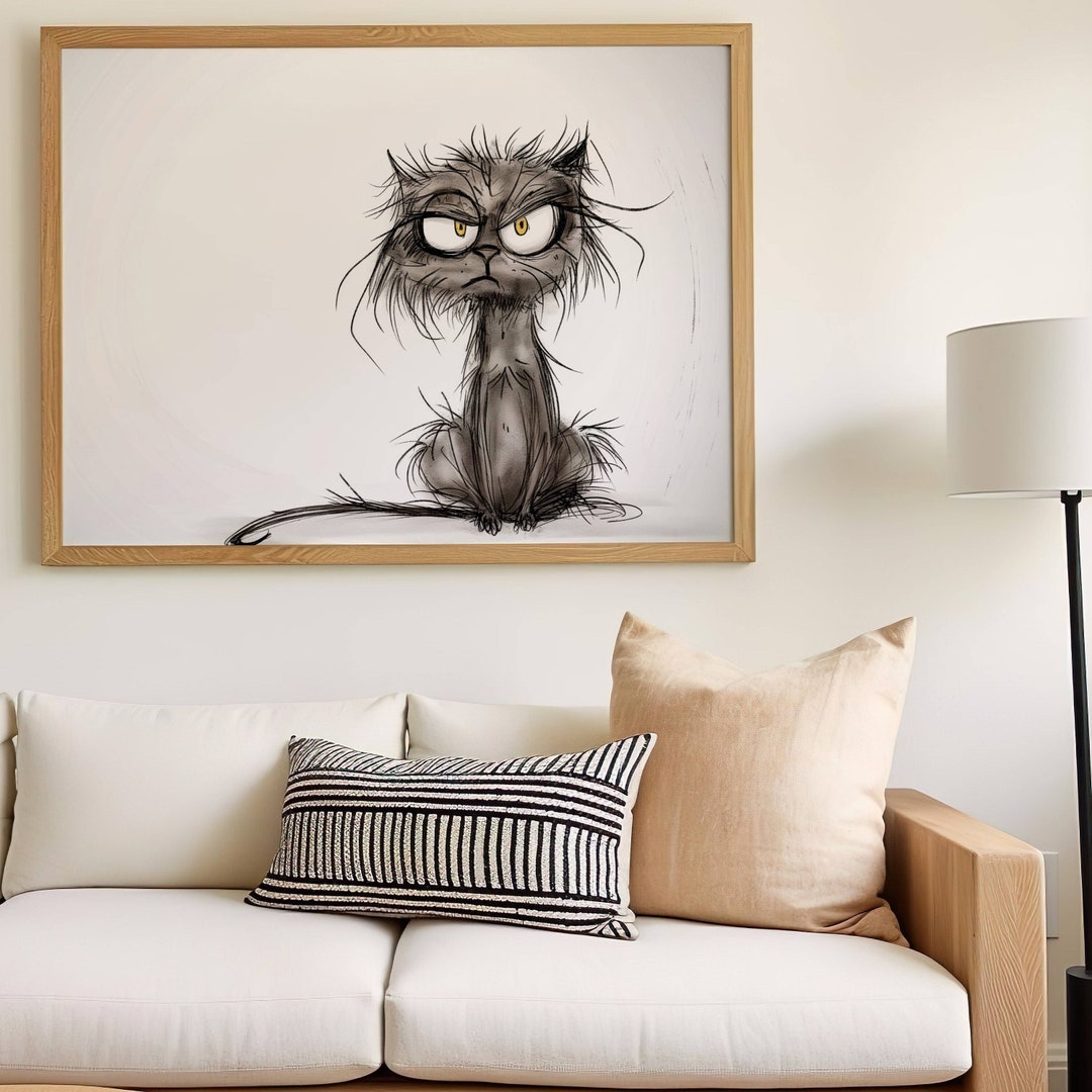Ink Cartoon Frazzled Cat, Cat, Wallart, Wall Art, Architecture, Art ...