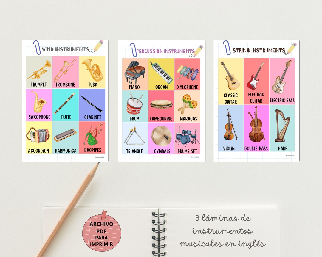 Set of 3 Sheets in English of Musical Instruments, Educational Posters ...