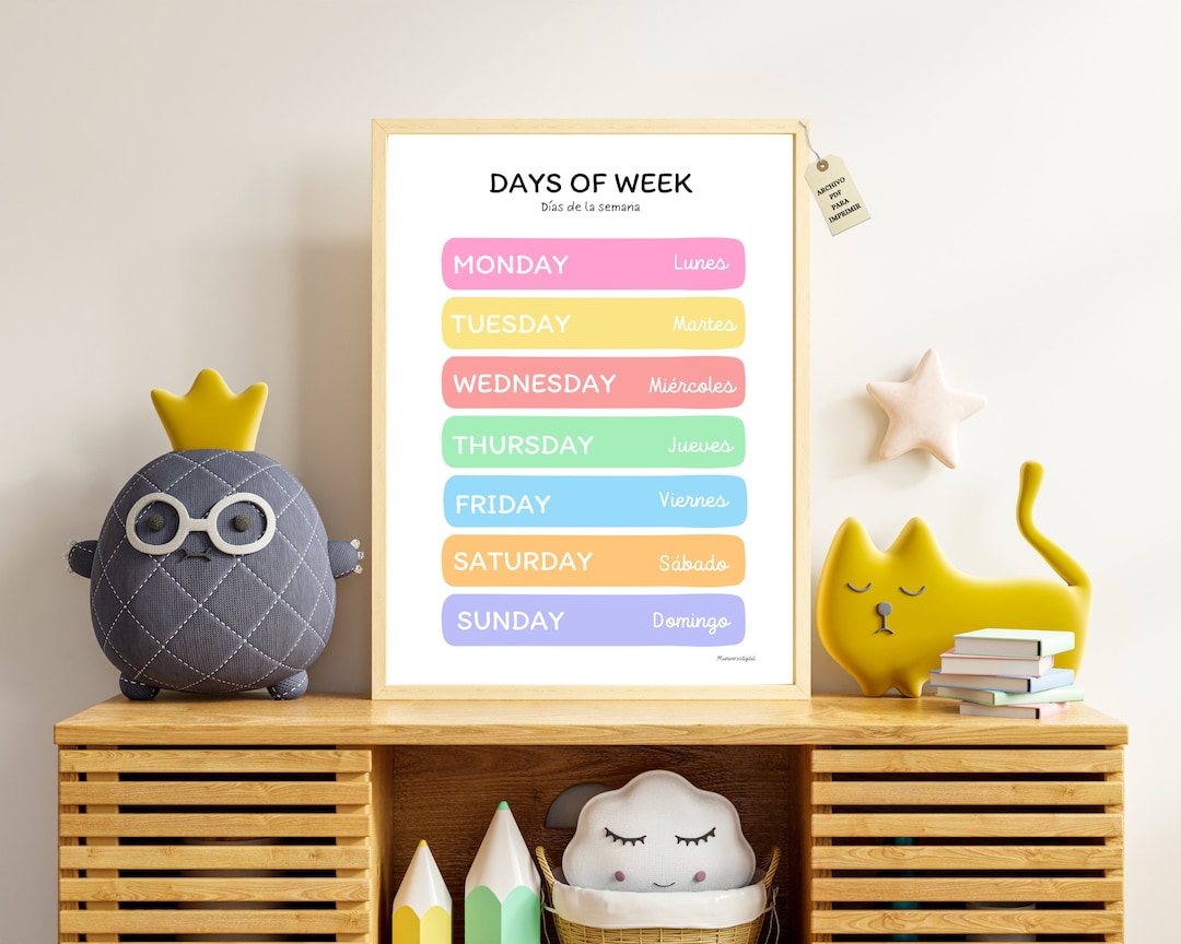Bilingual Days of the Week, Educational Poster in English and Spanish ...