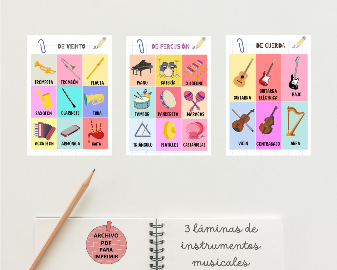 Pack of 3 Educational Sheets of Musical Instruments in Spanish ...