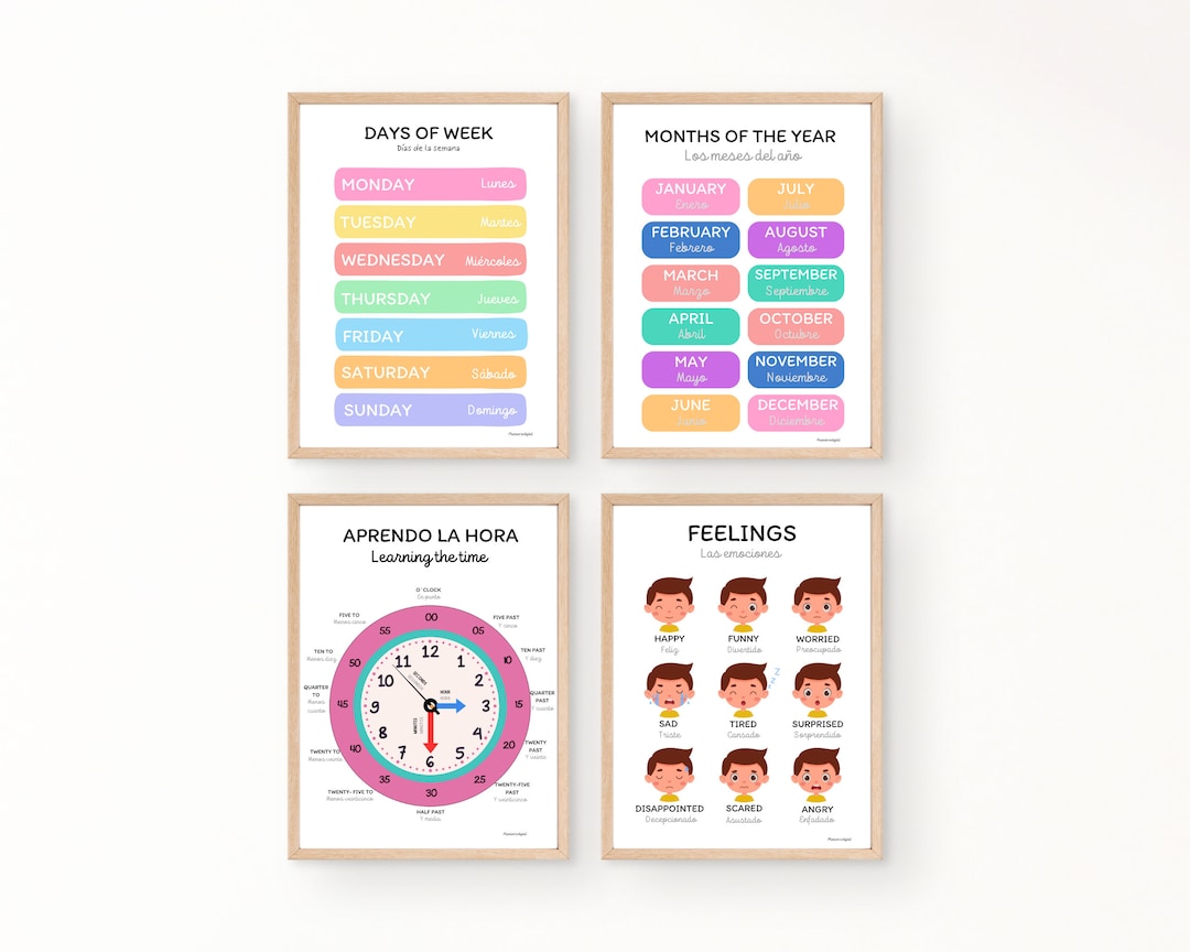 Set of 4 Bilingual Educational Sheets, Days of the Week, Months of the ...