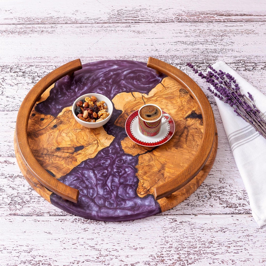 Resin & Olive Wood Serving Tray With Wood Handle, Epoxy Serving Tray ...