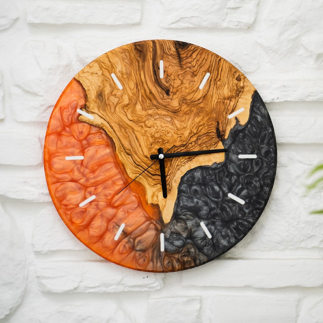 Handmade Resin & Olive Wood Wall Clock, Resin Wall Clock, Round Clocks ...