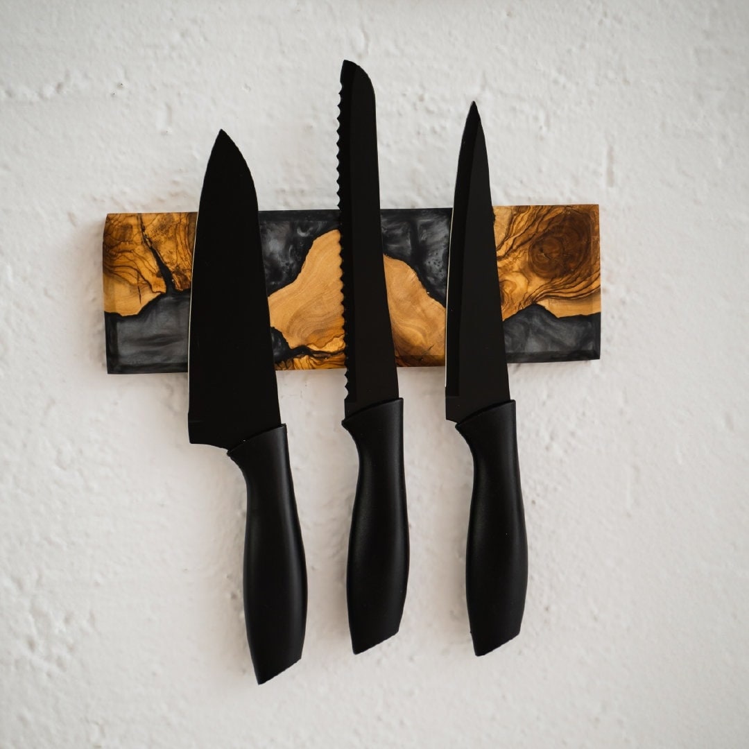 Magnetic Resin & Olive Wood Knife Holder, Epoxy Knife Block, Knife ...