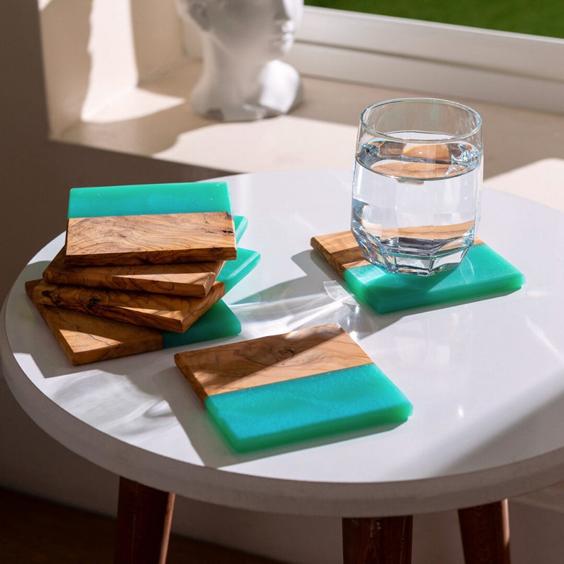 Personalized Resin Coaster Set: Olive Wood Epoxy With Holder, Mother's ...