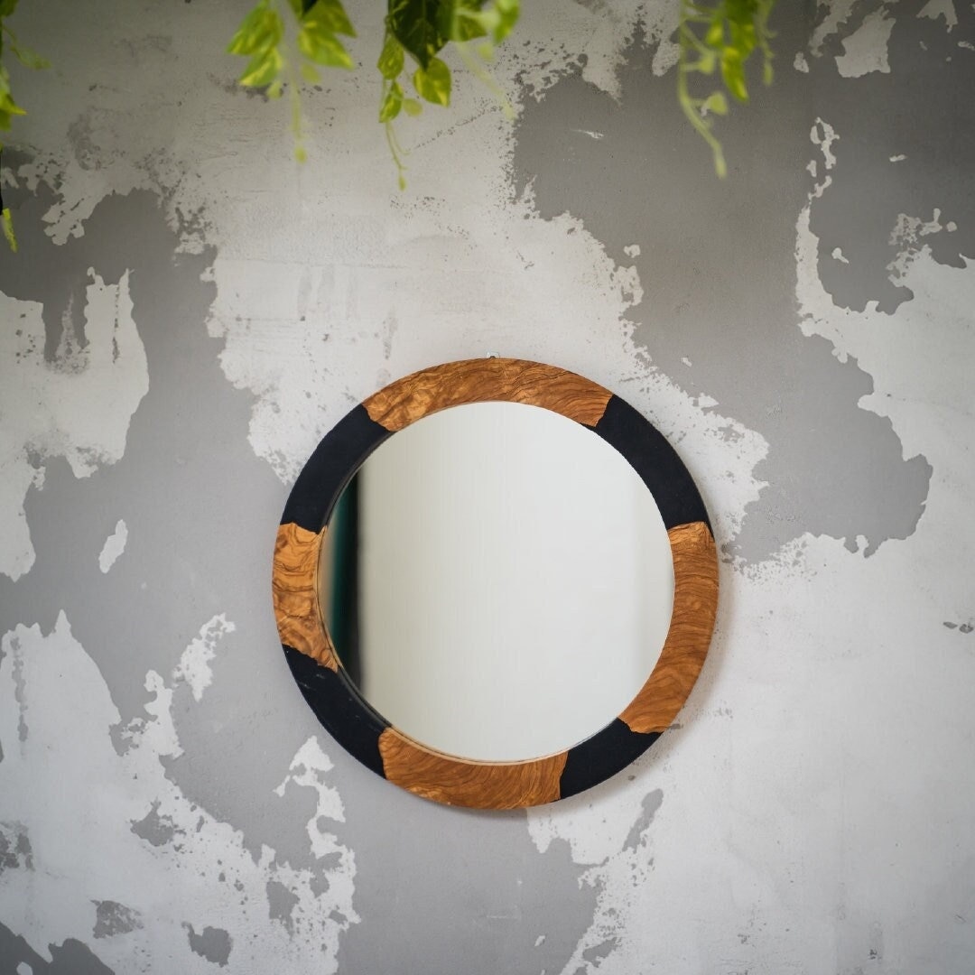 Epoxy & Olive Wood Mirror, Black Mirror, Bathroom Mirror, Round Mirror ...