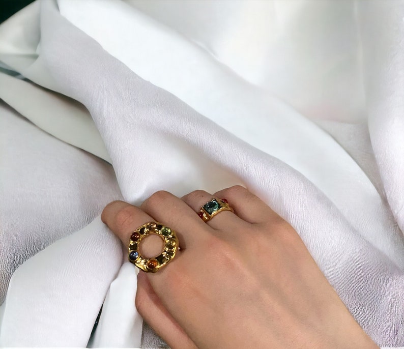 Gold Colorful Chunky Oval Gemstone Ring Gold Funky Oval Rings ...