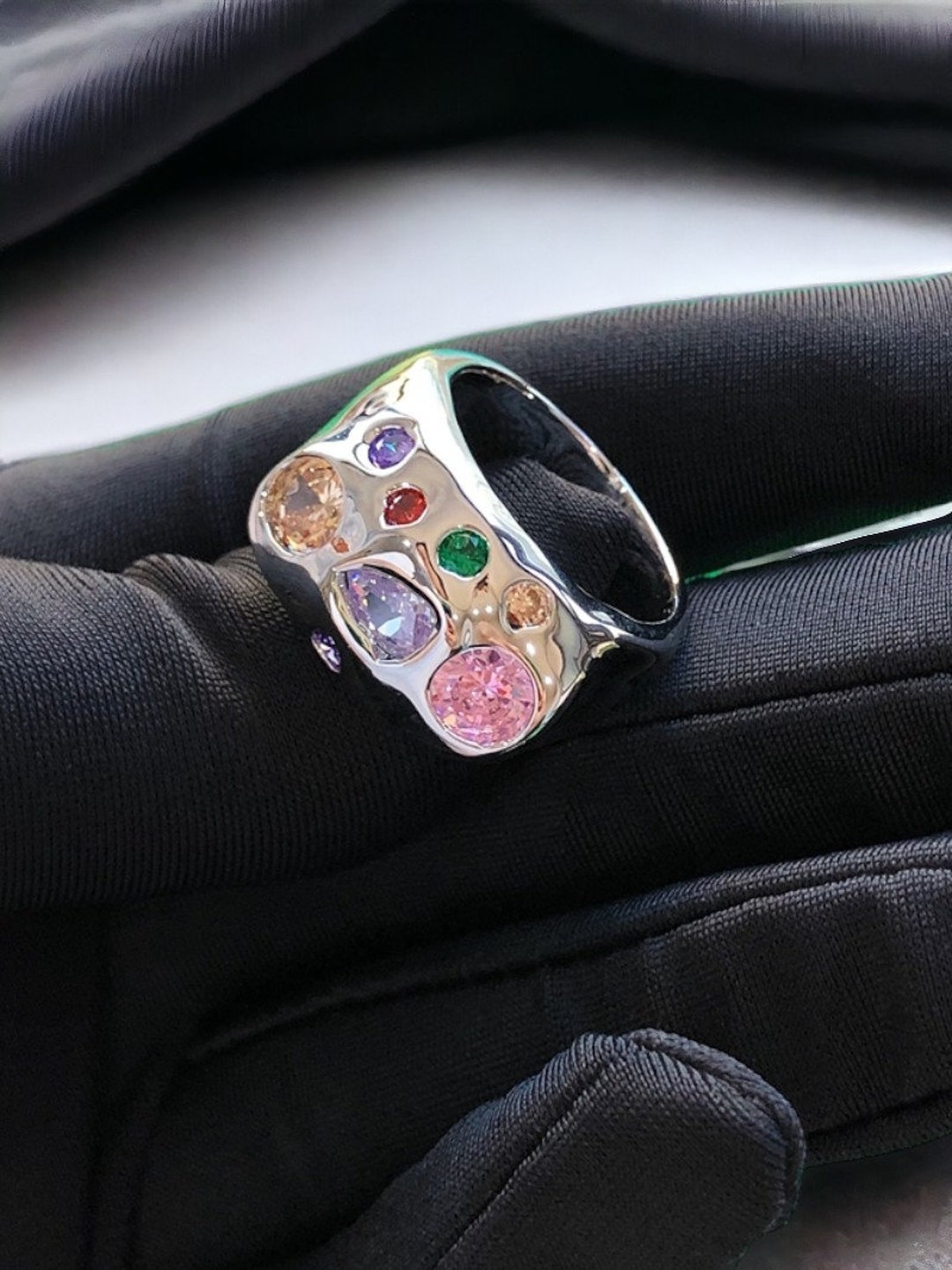 Colorful Gemstone Silver Ring Chunky Dome Ring, Silver Maximalist Ring ...