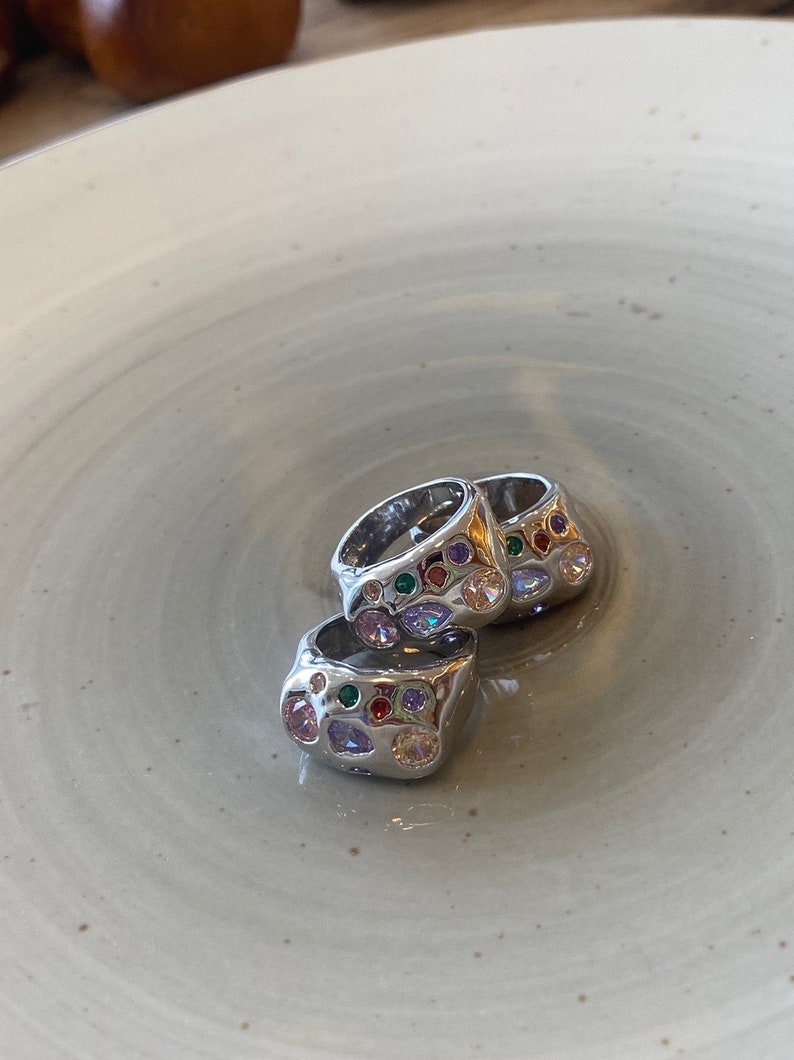 Colorful Gemstone Silver Ring Chunky Dome Ring, Silver Maximalist Ring ...