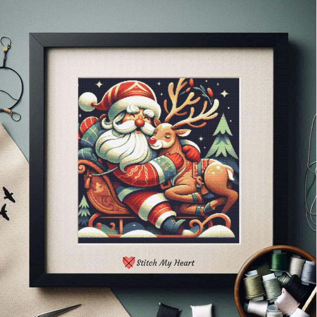 Santa Hugging Young Rudolph Christmas Cross Stitch Pattern – Digital ...