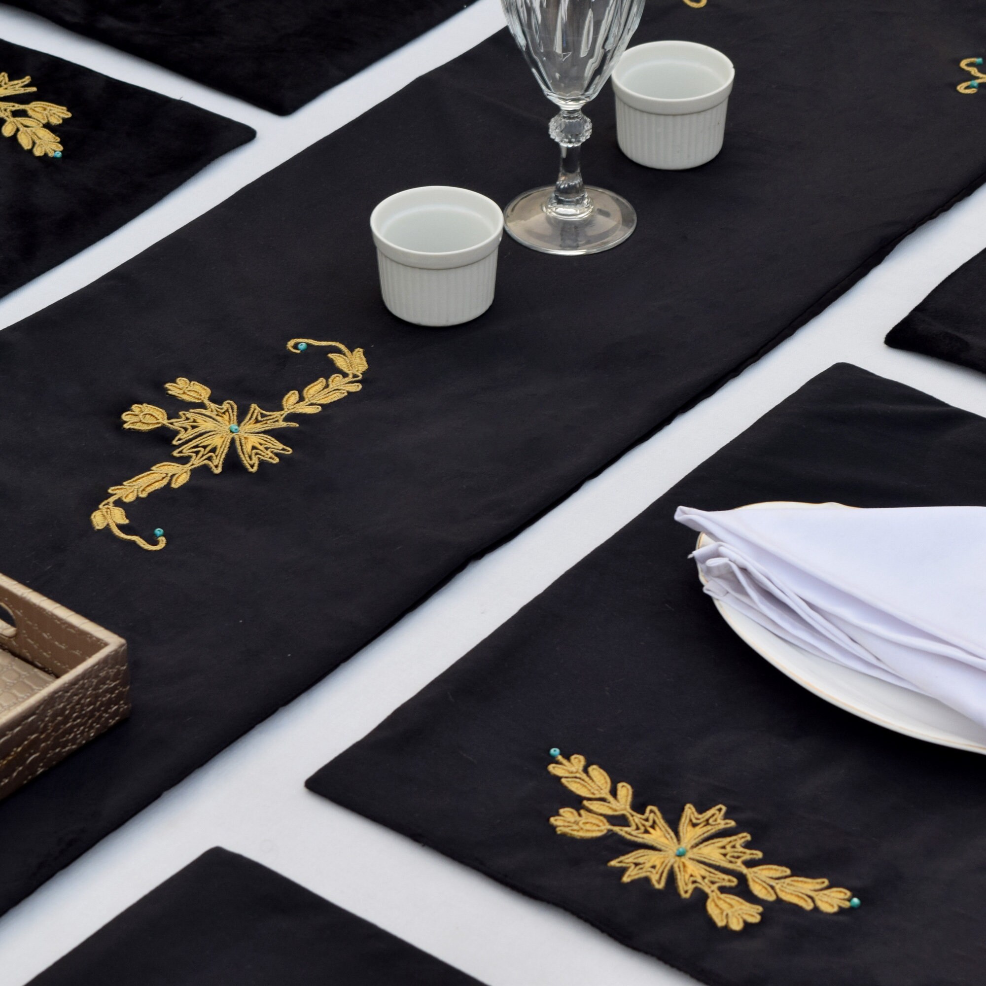 Black Lotus Embroidered Velvet Table Set Runner Natural Place Mats ...
