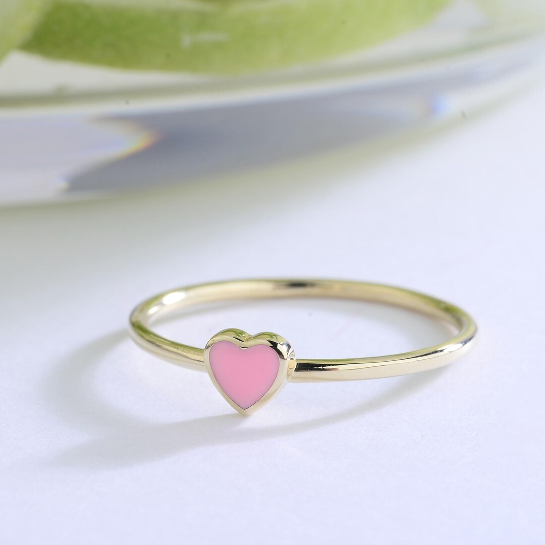 14K Gold Pink Heart Ring Dainty Enamel Heart Ring Solid Gold Heart Ring Heart Shaped Skinny Band ...