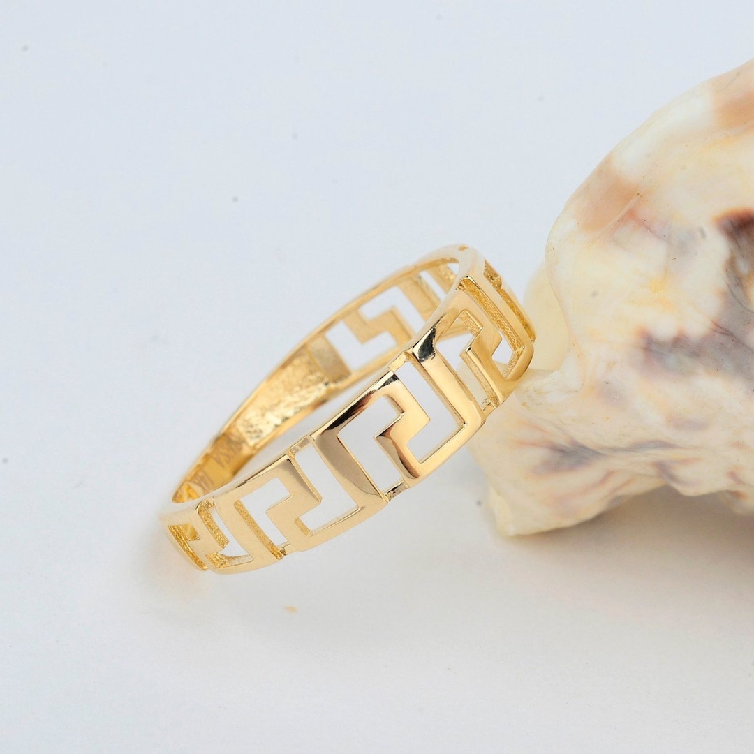14K Gold Greek Key Ring • Solid Gold Labyrinth Ring • Greek Key Design ...