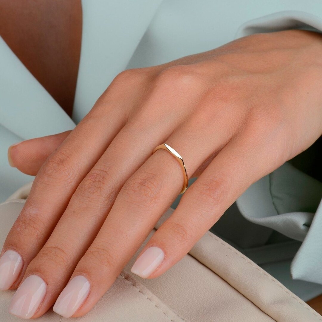 14K Solid Gold Pinky Signet Ring • Tiny Signet Ring for Women • 14K Gold Blank Signet Ring ...
