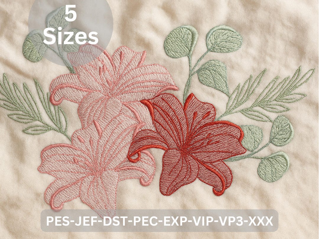 Floral Lily Embroidery Design, 5 Sizes, Elegant Machine Embroidery ...