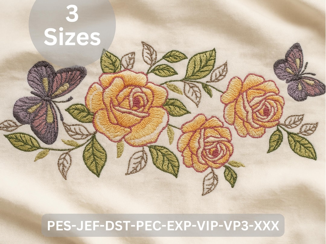 Yellow Rose and Butterfly Floral Embroidery Design, 3 Sizes, Machine ...